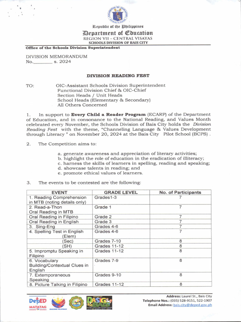 DM No. 336 S. 2024 - Division Reading Fest | PDF