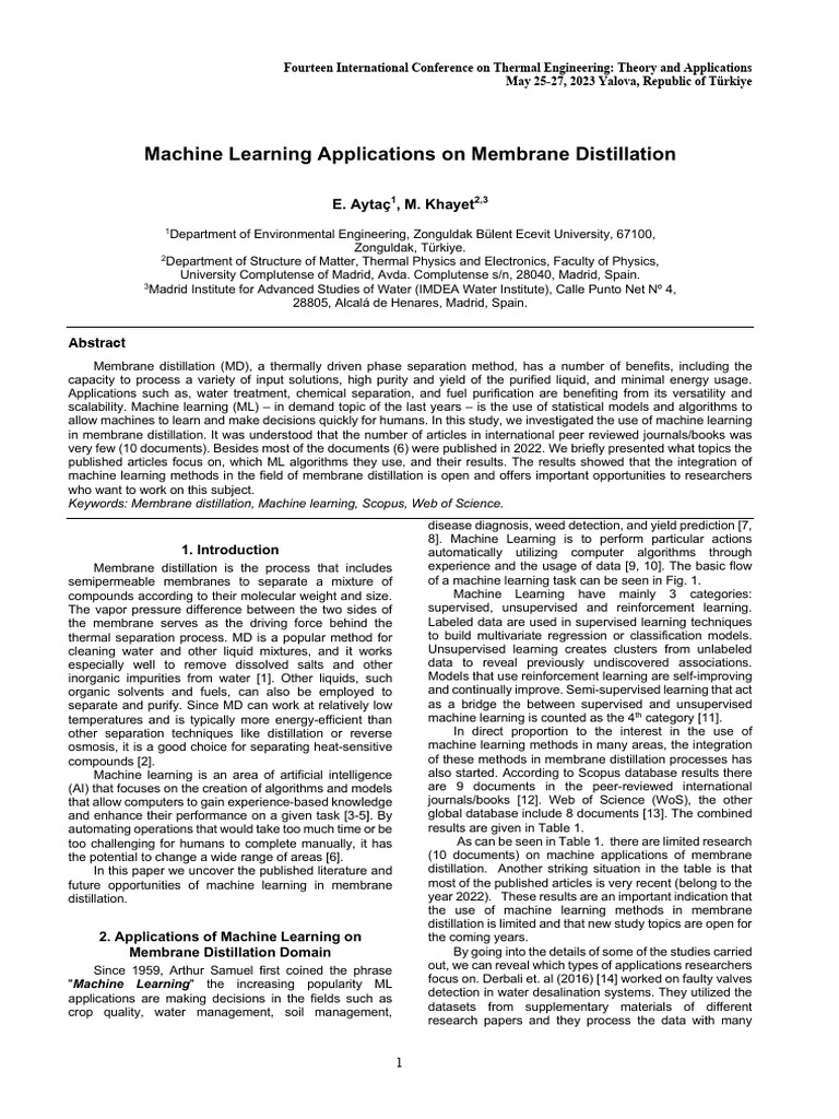 Machine Learning Applications On Membrane Distillation | PDF
