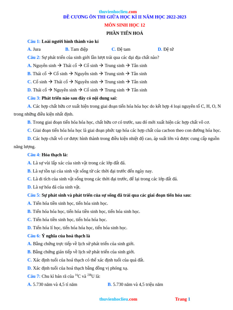 De Cuong On Tap Sinh 12 Giua HK2 | PDF