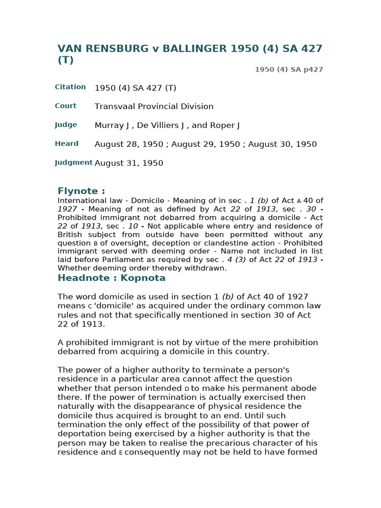 Van Rensburg V Ballinger 1950 | PDF | Domicile (Law) | Justice