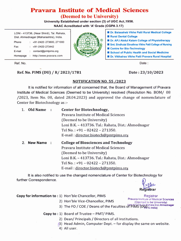 Pravara Institute Name Change Notification | PDF | Academia