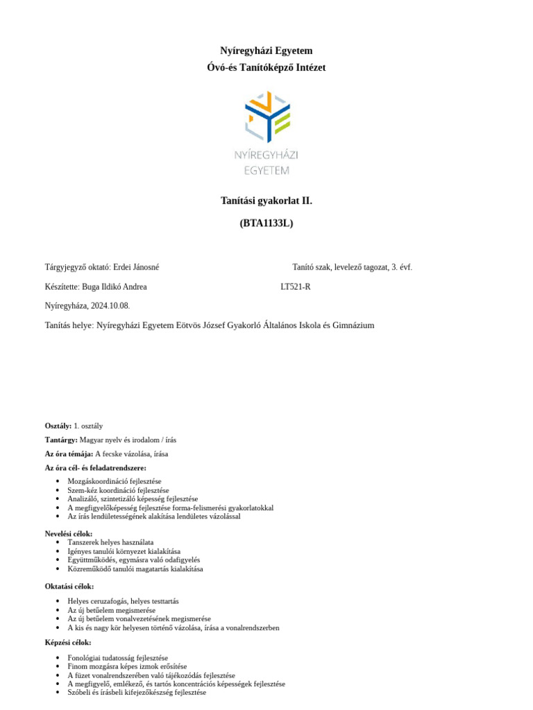 Buga Ildiko Óravázlat Fecske Vonal Írása.2024.10.08. | PDF