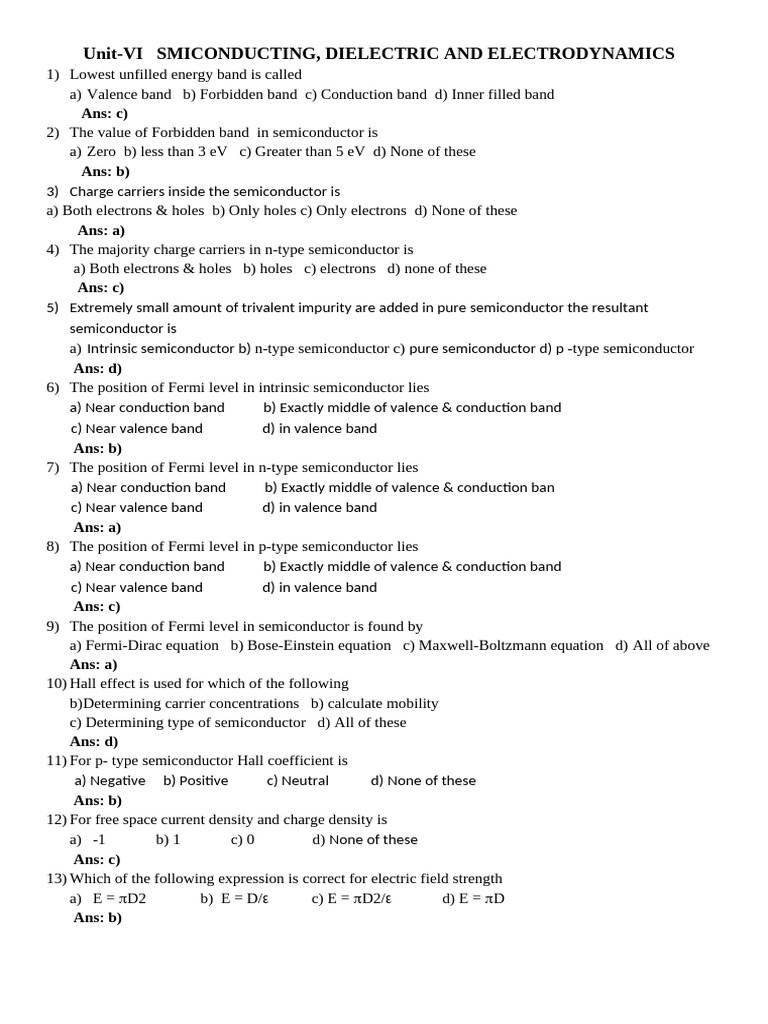 Unit - VI Engg. Physics Objective Questions | PDF | Semiconductors | Electrical Resistivity And ...