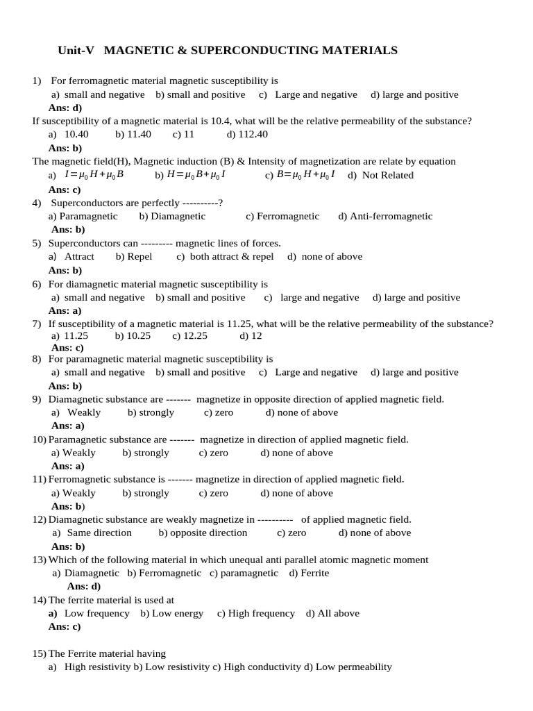 Unit - V Engg. Physics Objective Questions | PDF | Magnetism | Ferromagnetism