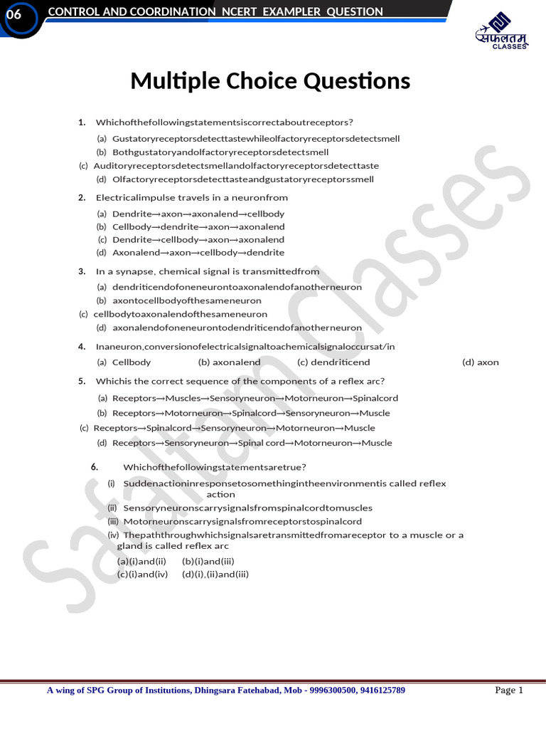 Control and Coordination MCQs Guide | PDF | Neuron | Action Potential
