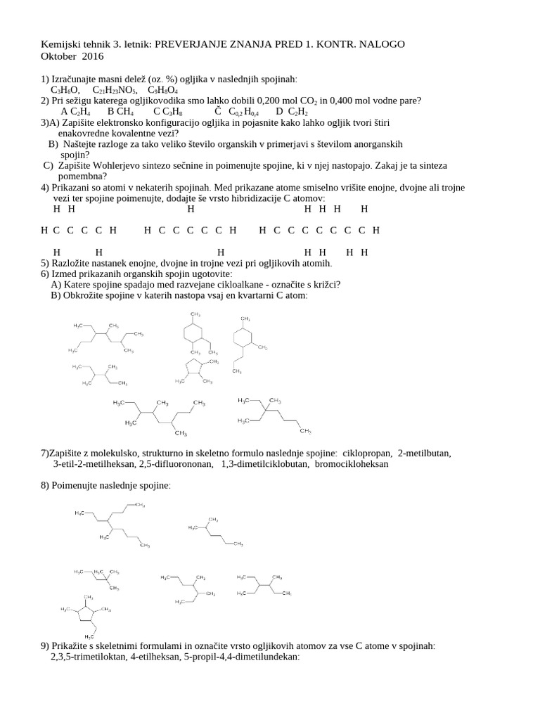 K3 - 1 Preverjanje Znanja (Elementna Sestava, C Atom, Vezi ...