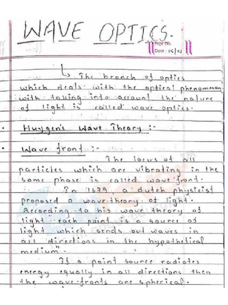 Class Notes On Wave Optics | PDF