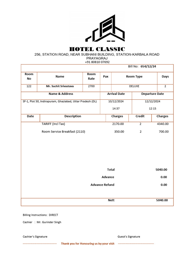 Hotel Bill 122 | PDF