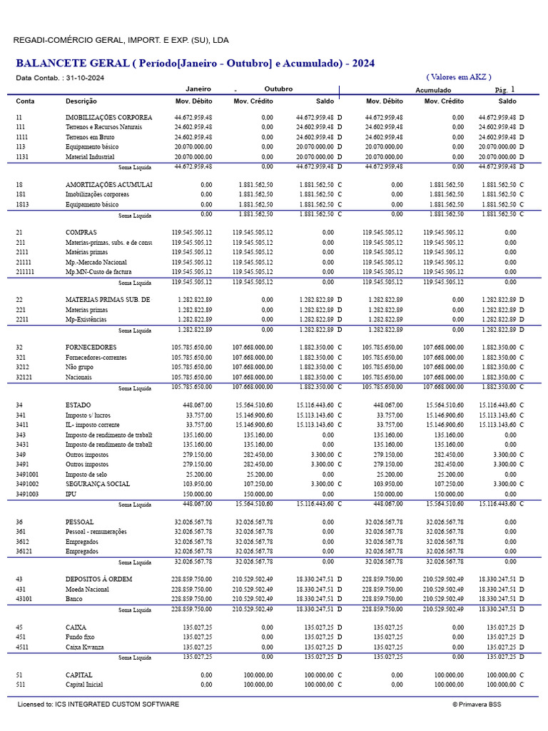 Balancete Geral Analítico Até Outubro de 2024 | PDF | Setor privado ...