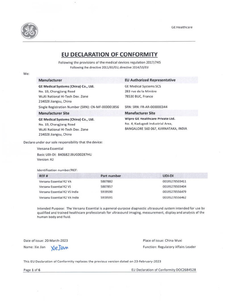 Versana Essential R2 - MDR EC Declaration of Conformity | PDF