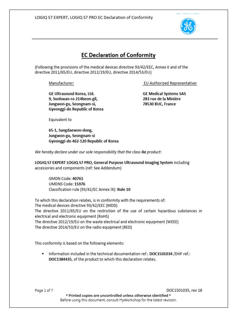 EC Declaration of Conformity - LOGIQ S7 R2 - Form - DOC1501035 - 18 | PDF | Electronics | Computing
