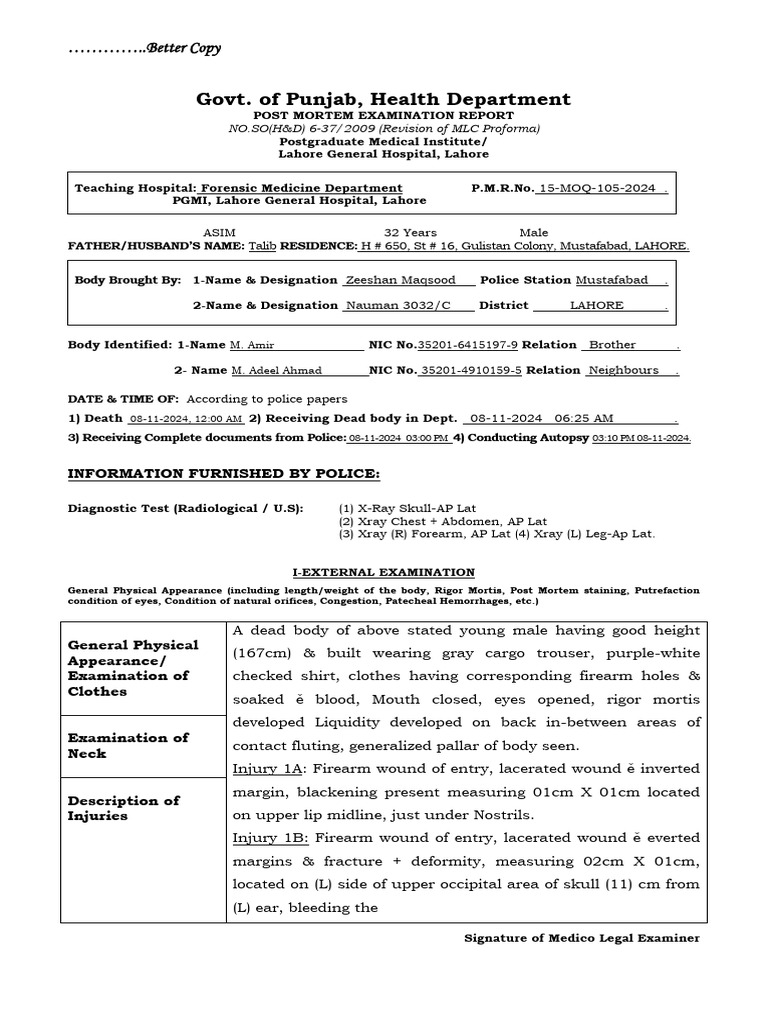 Post Mortem Report No.15-HOQ-105-2024 M. Talib (Tabular Form) | PDF ...