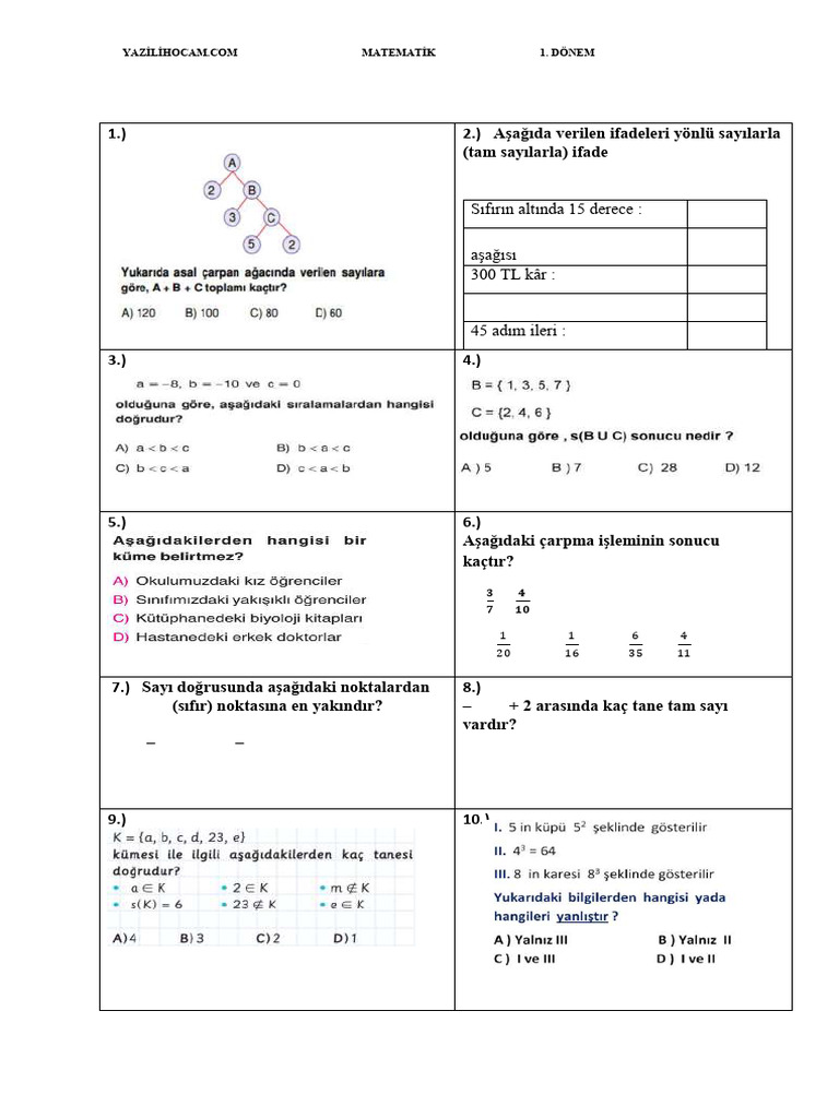 6.sınıf Matematik Uygulamaları 1.dönem 2.yazılı Soruları-1 | PDF