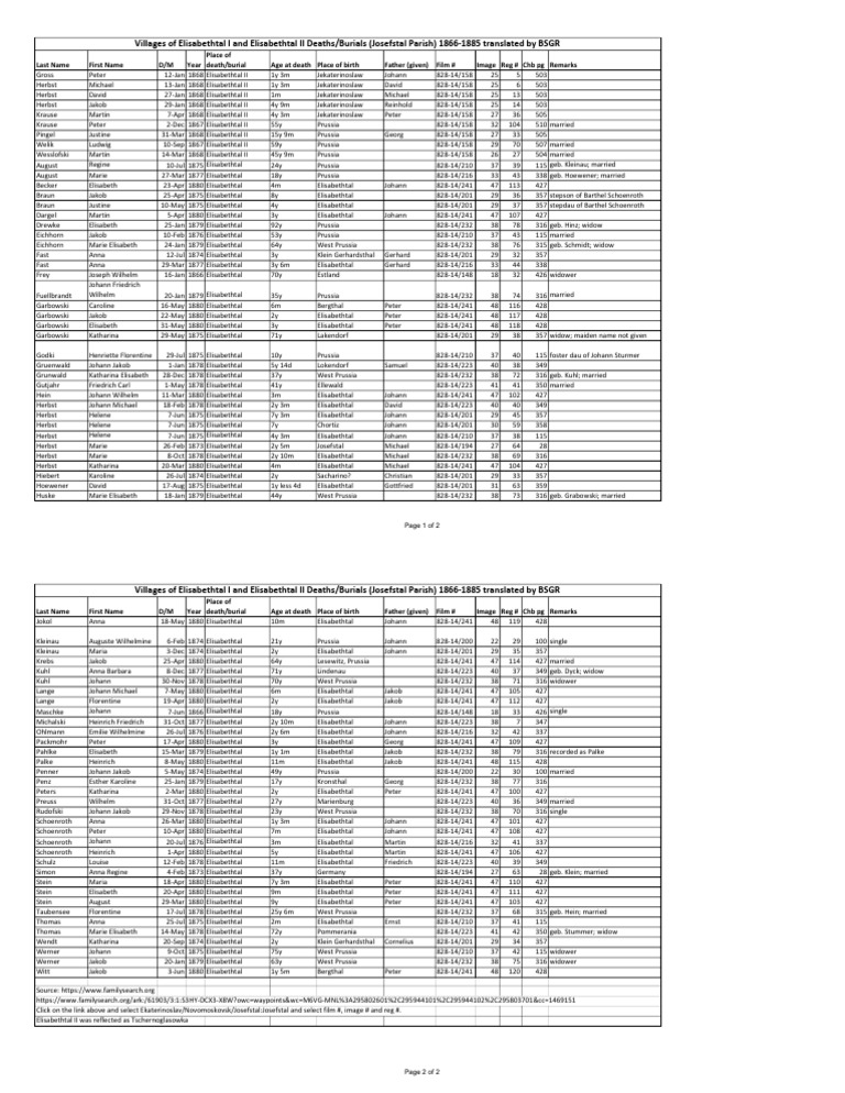Elisabethstal Deaths 1866 1885 | PDF