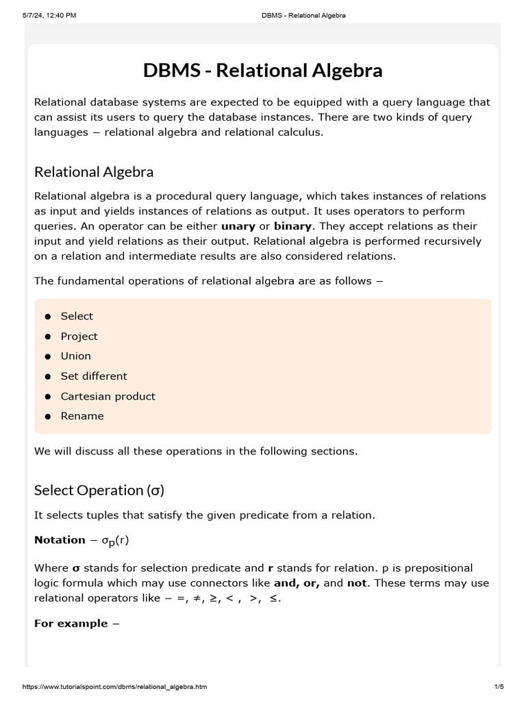DBMS - Relational Algebra (1) | PDF | Relational Model | Databases DBMS - Relational Algebra (1) | PDF | Relational Model | Databases