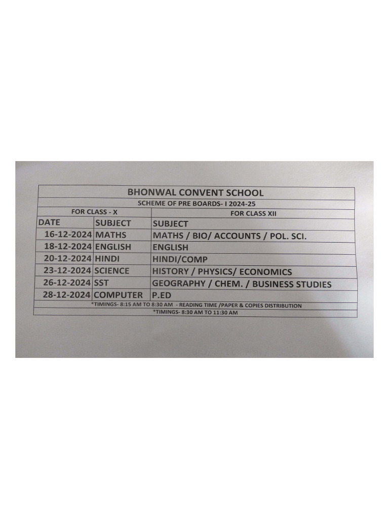 Pre-Board - I 2024-25 Schedule For Class X &xii | PDF