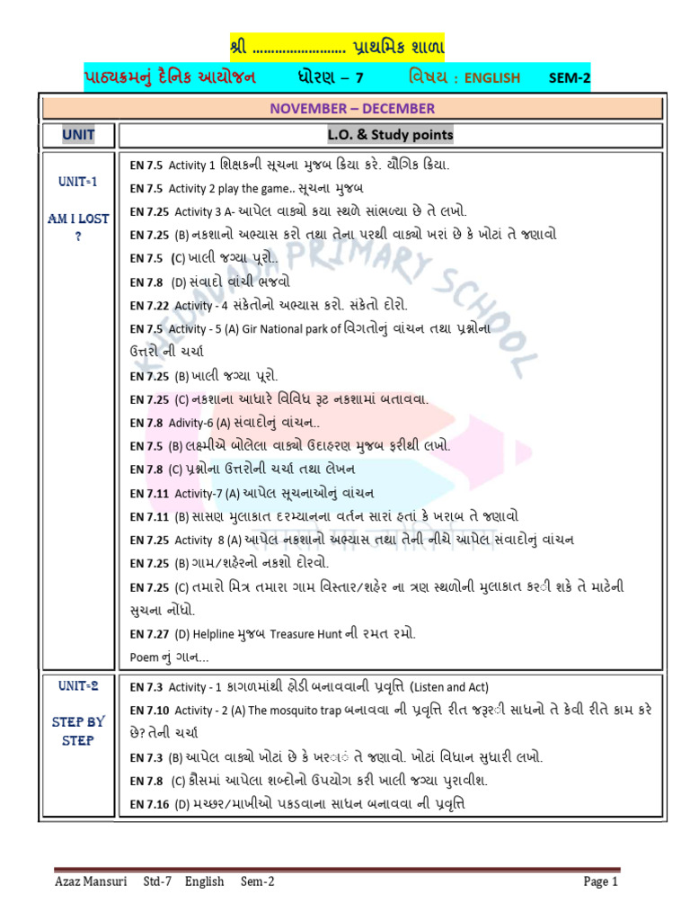 STD 7 English Sem 2 Daily Planing 24-25 Azaz | PDF