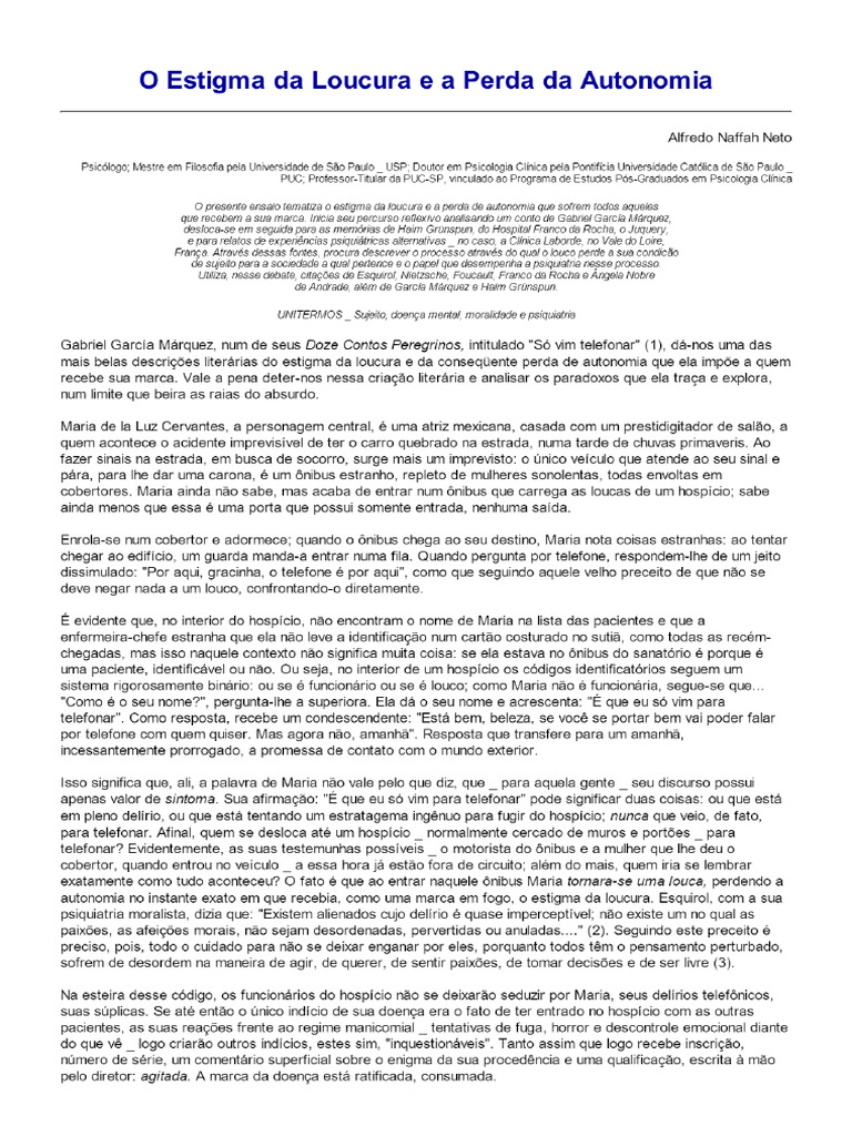 NAFFAH NETO - SUJEITO 21.9 O Estigma Da Loucura e A Perda Da Autonomia ...