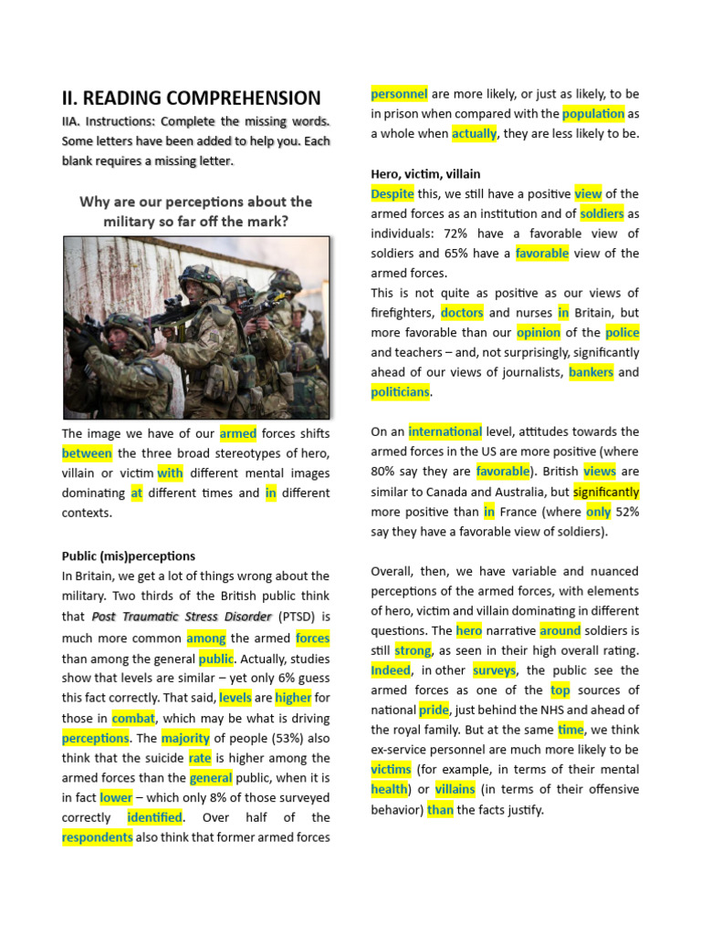 II READING COMPREHENSION (Answers) | PDF | United States Army | Soldier