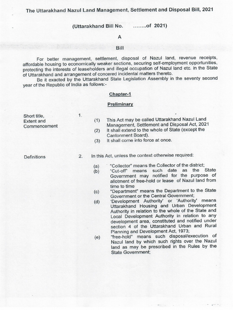 Uttarakhand Nazul Land Management Bill, 2021 | PDF