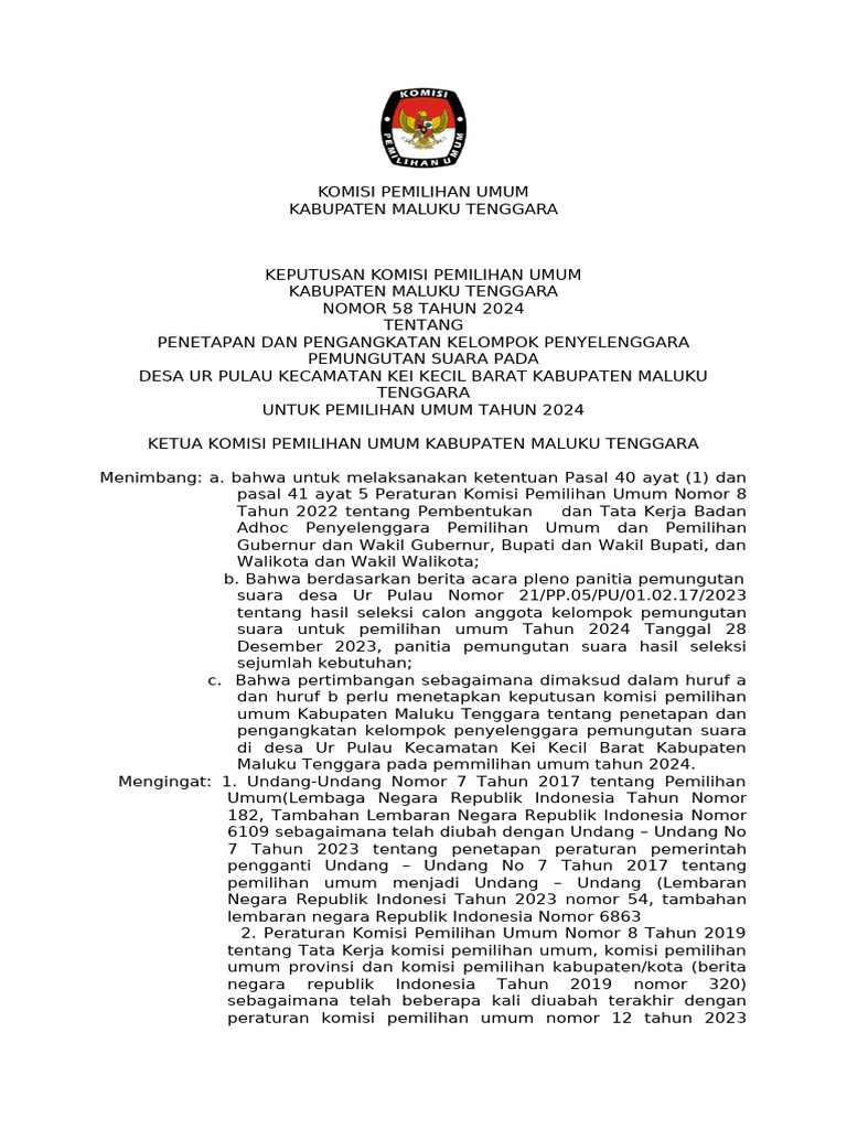 Contoh SK KPPS Pemilu 2024 - Ur Pulau | PDF