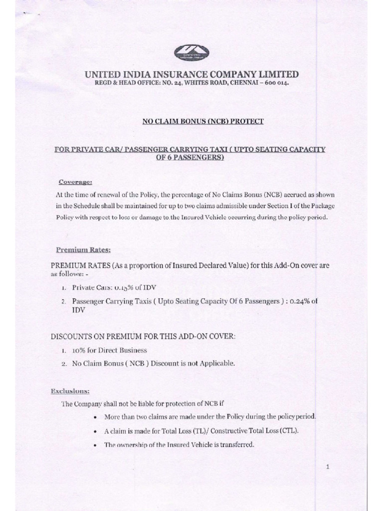 NCB Protect Add-On Cover Under Private Car | PDF