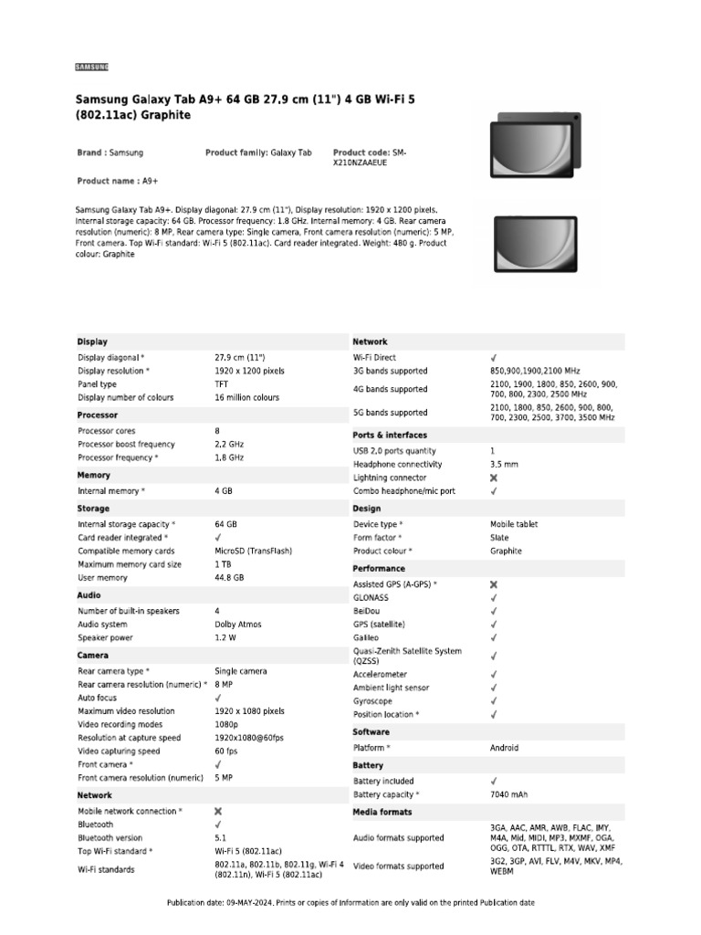 Samsung A9+ Spec Sheet | PDF