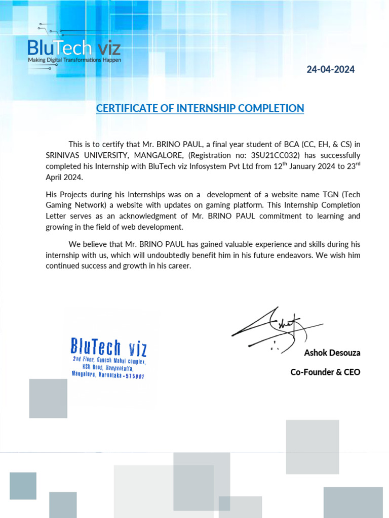 Brino Internship Certificate | PDF