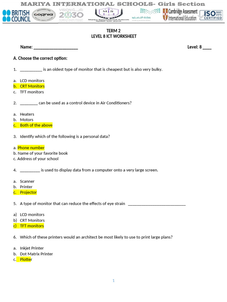 Class 8 ICT Worksheet Solutions | PDF | Computer Monitor | Printer ...