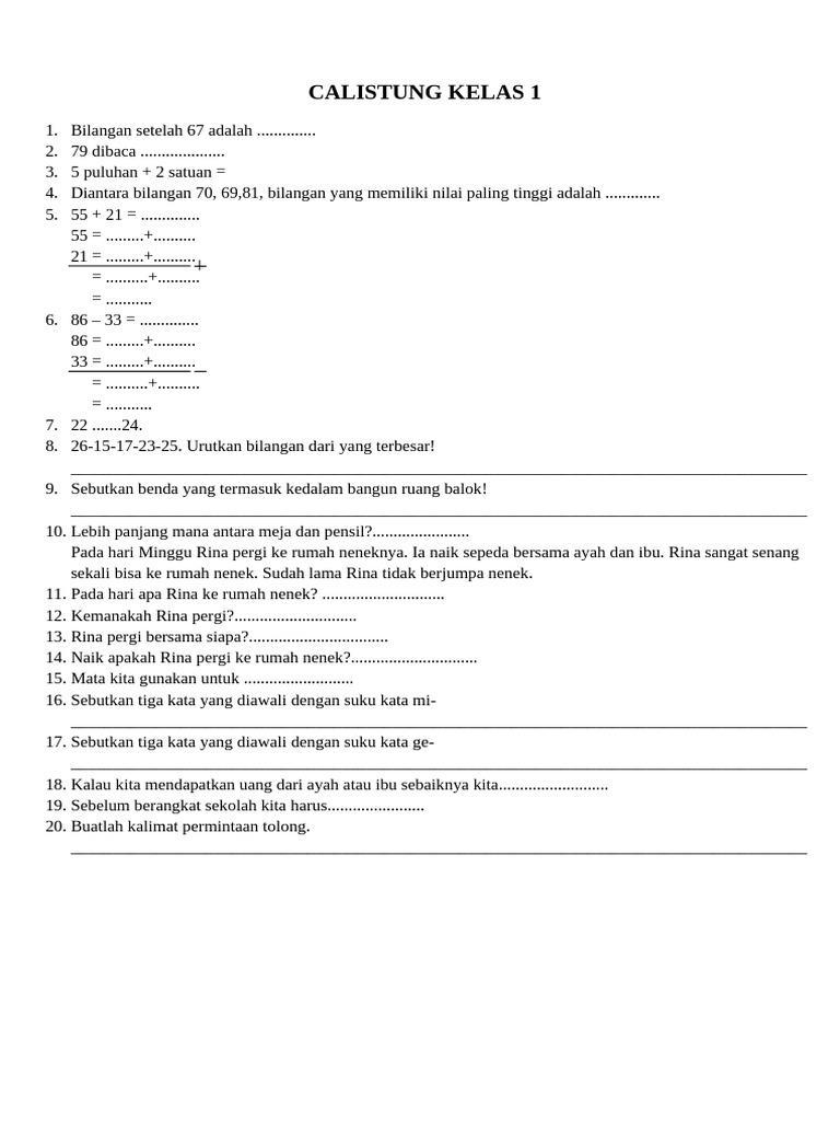 Calistung Kelas 1 | PDF
