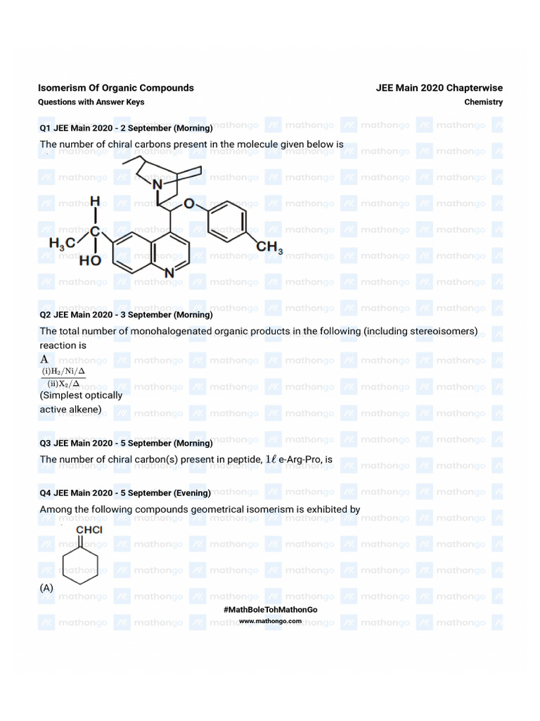 Isomerism of Organic Compounds Questions Jee Main 2020 Chapterwise ...