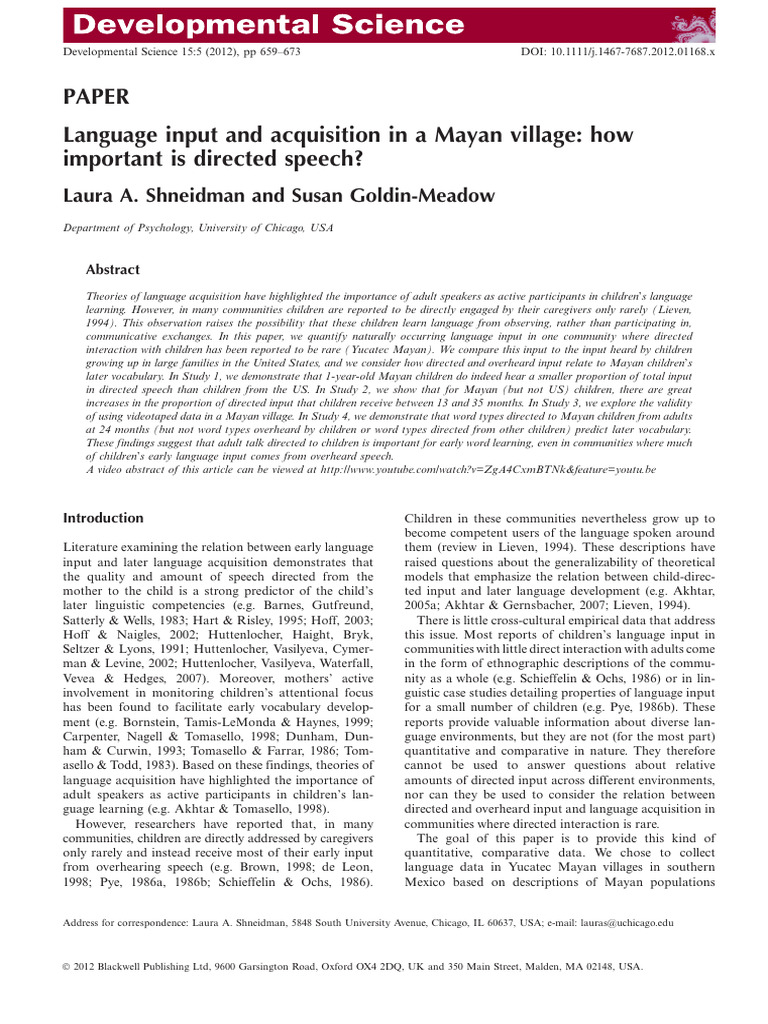 Language Input and Acquisition in A Mayan Village How Important Is ...