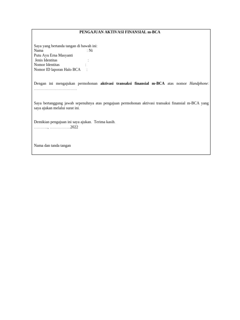 Permohonan Aktivasi Finansial M BCA Melalui Halo BCA 2022 (Updated) | PDF