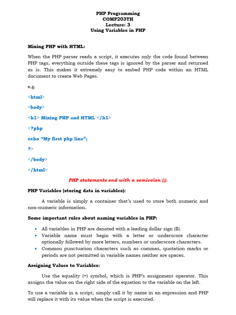 Lecture 3 Using variable in PHP | PDF | Variable (Computer Science) | Php