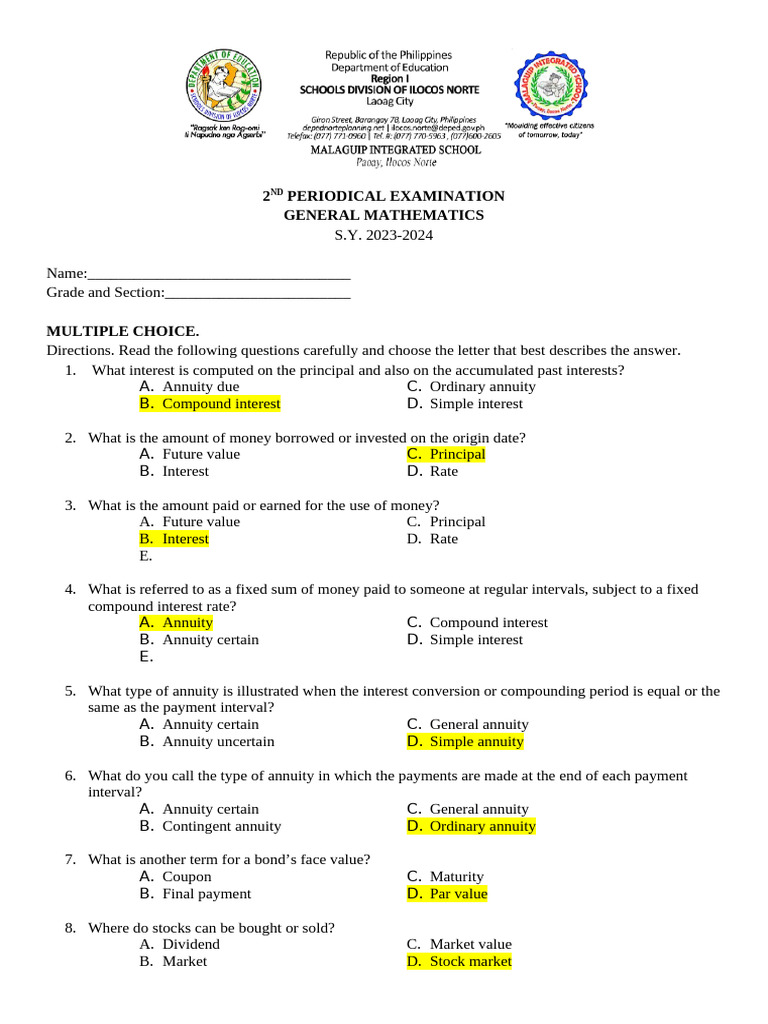 Quarter 2 PT GEN MATH | PDF | Interest | Bonds (Finance)