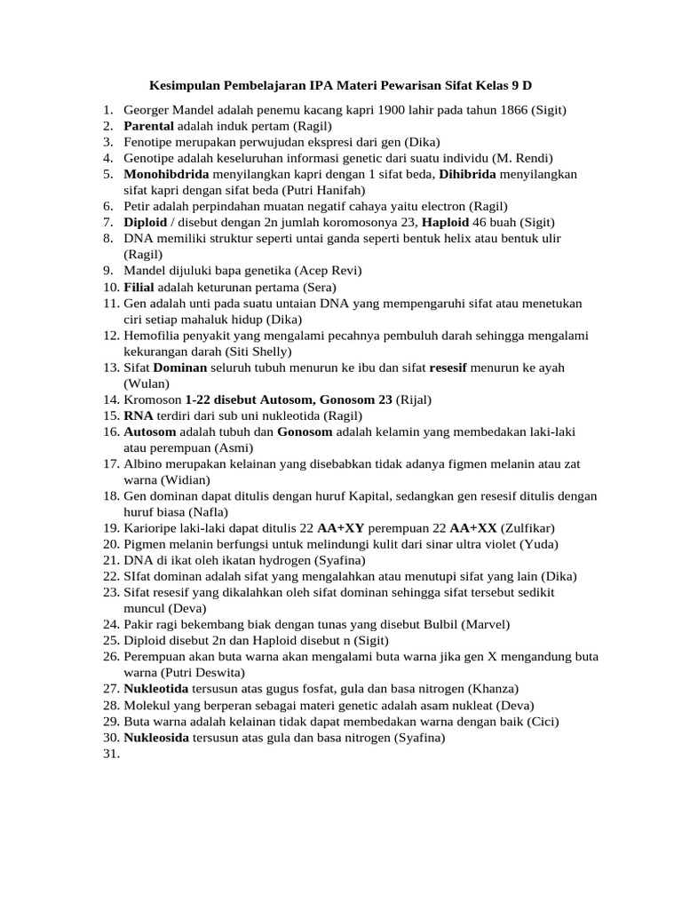 Kesimpulan Pembelajaran IPA Materi Pewarisan Sifat Kelas 9 D | PDF