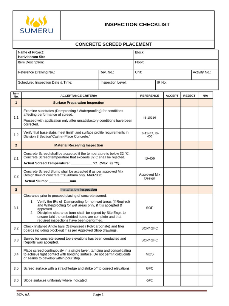 Topping Concrete Checklist | PDF | Concrete | Building Technology