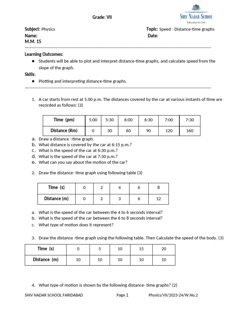 Distance-Time Graph Worksheet-2 | PDF | Speed | Mechanics