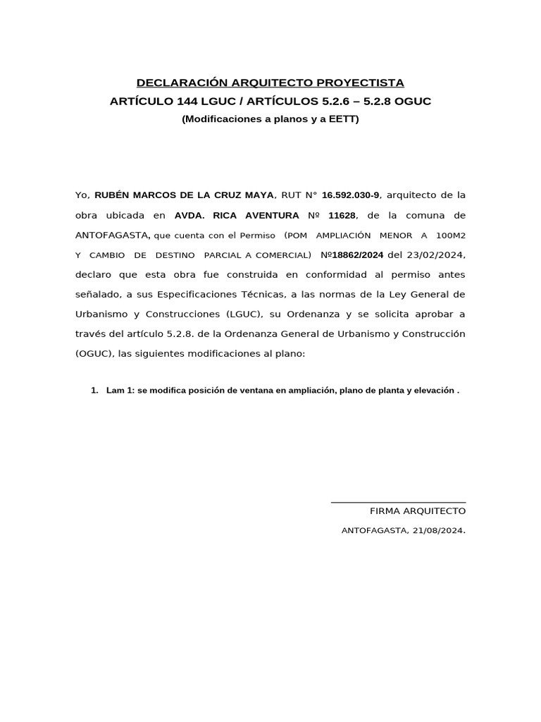 2021 RD Declaracion 5.2.6 Con 5.2.8 Modificaciones A Planos y Eett | PDF