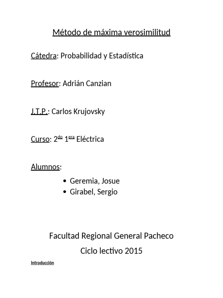 Método de Máxima Verosimilitud - Rev01 | PDF | Estimador | Distribución normal