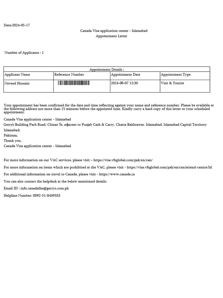 Canada Visa Appointment Confirmation | PDF