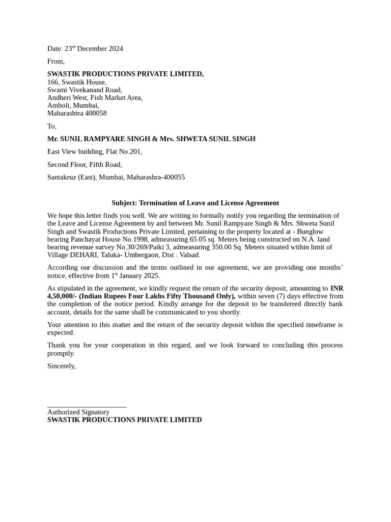 Termination Notice: Leave & License Agreement | PDF