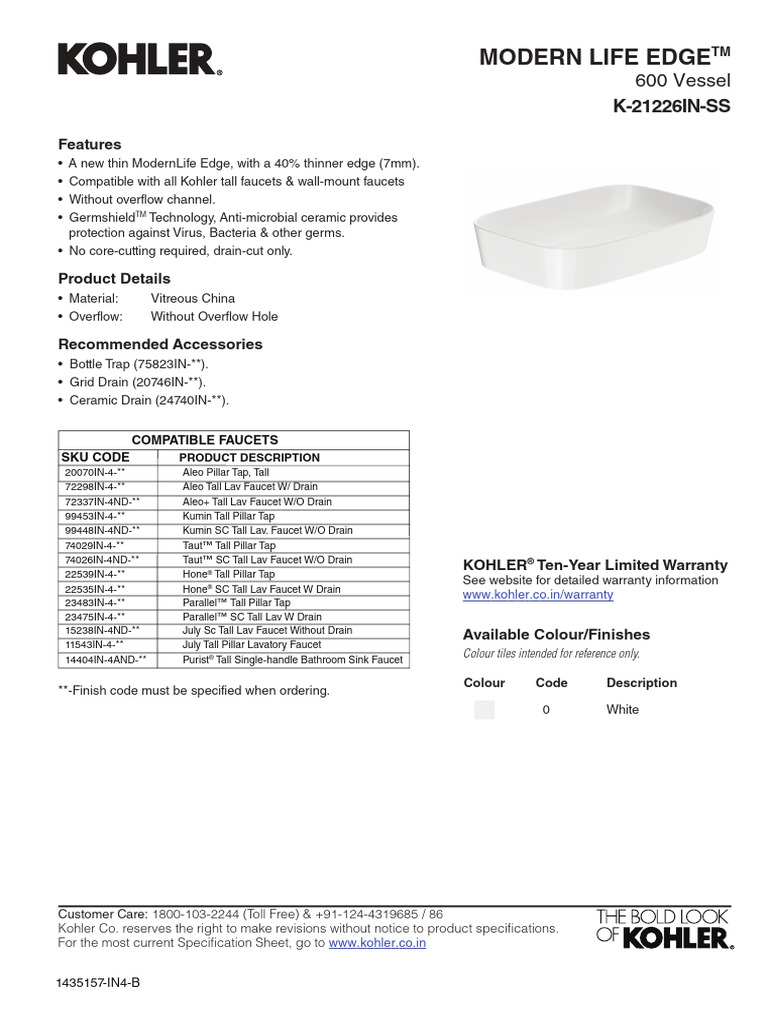 K-21226IN Spec INDIA Kohler en | PDF | Tap (Valve) | Bathroom