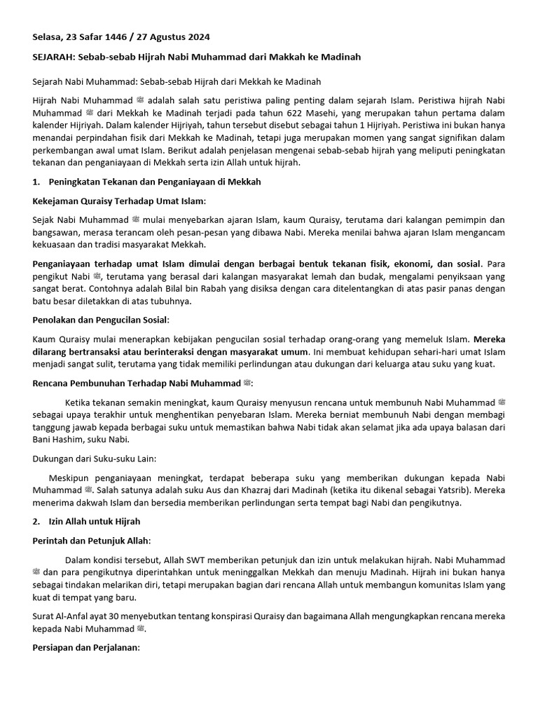 Sebab-Sebab Hijrah Rasulullah | PDF