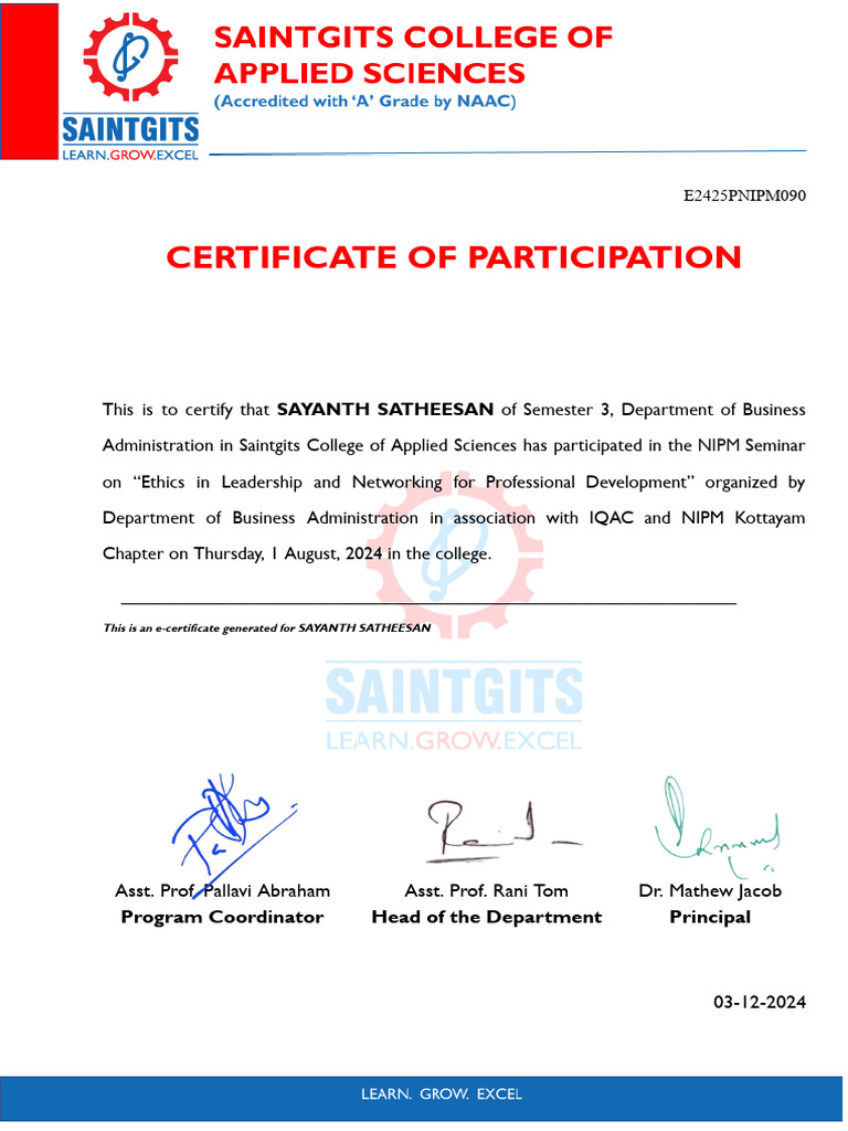 SAYANTH SATHEESAN-NIPM-E-Certificate | PDF