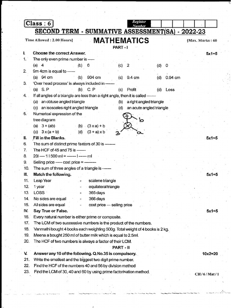 6th Maths Quarterly Question Paper 2022 | PDF