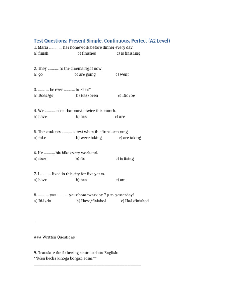 Test Questions A2 Level | PDF