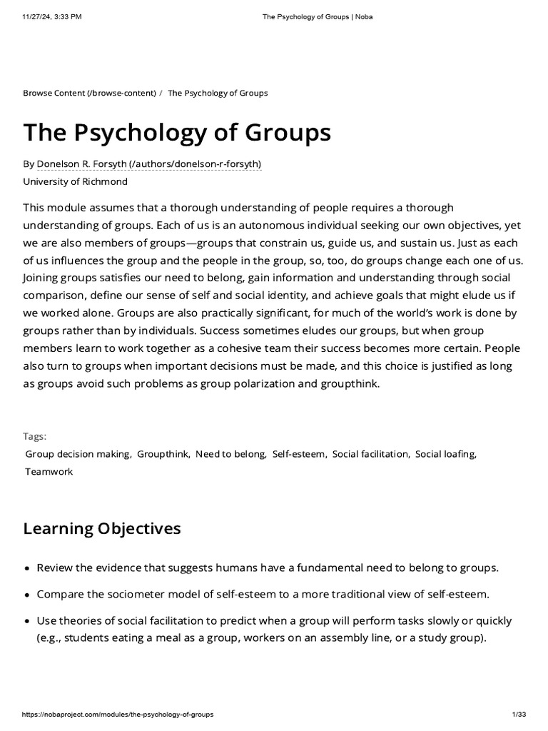 The Psychology of Groups - Noba | PDF | Self Esteem | Group Cohesiveness