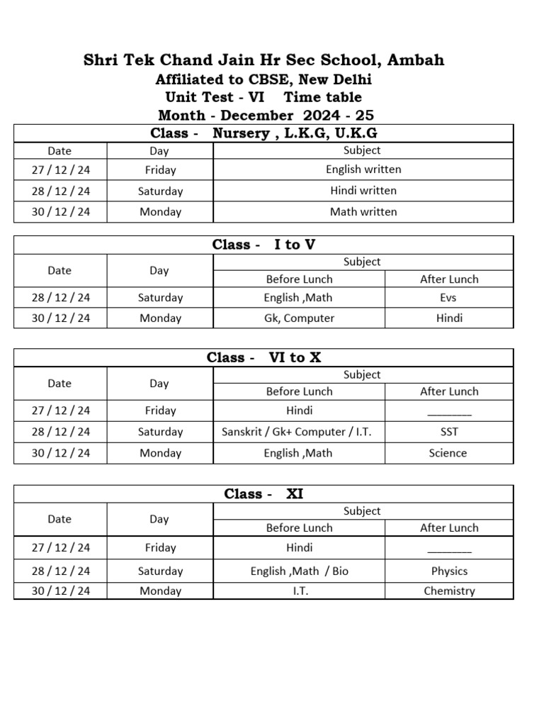 Time table UT - VI | PDF
