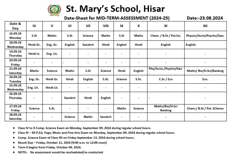 Half Yearly Date Sheet 2024-25 | PDF